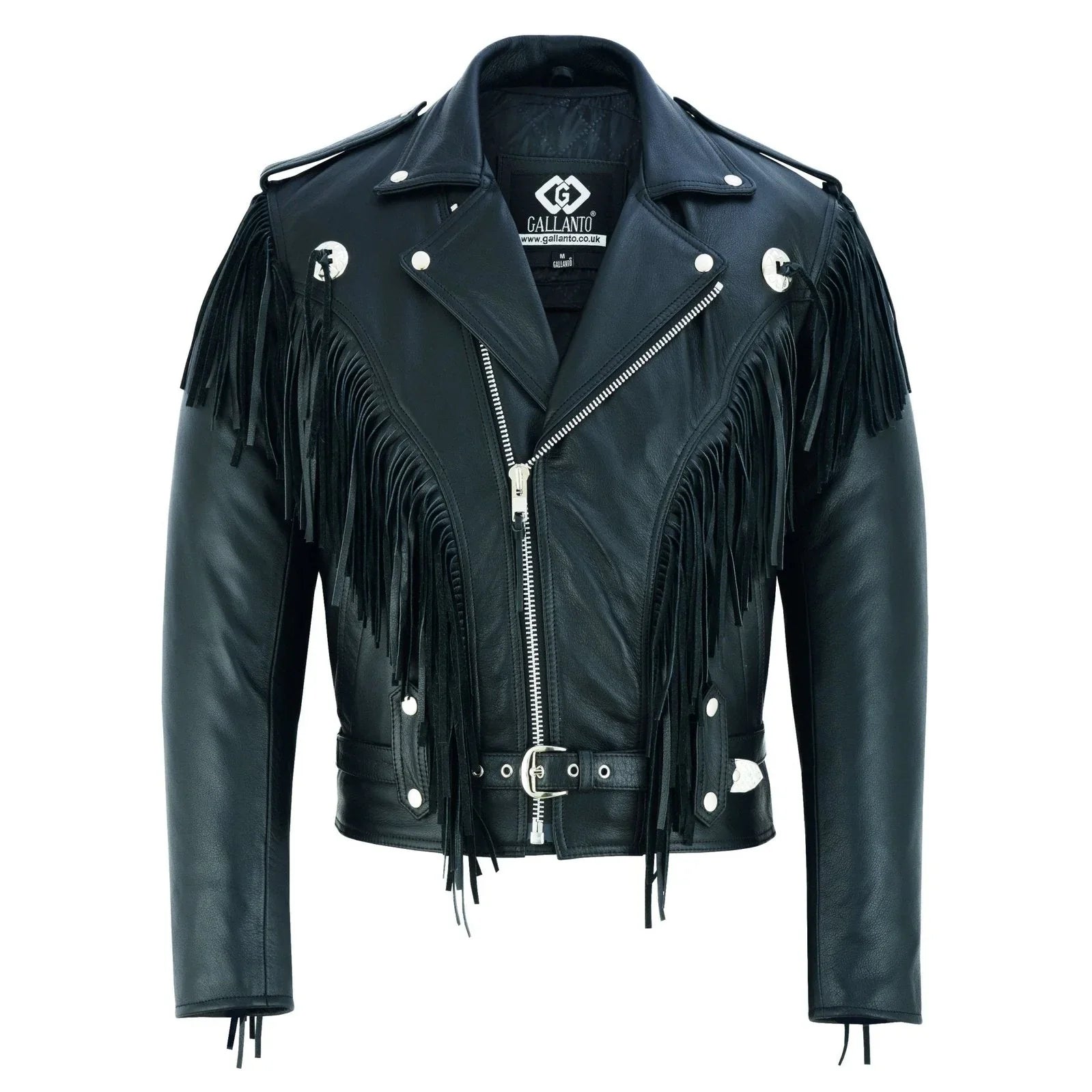 Black Biker Fringe Leather Jacket - Tassle Concho Premium Motorcycle ...