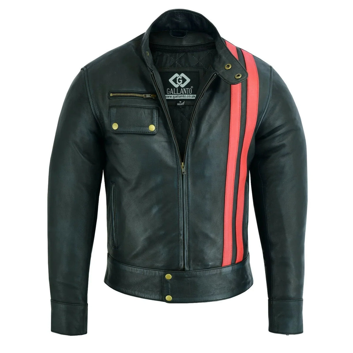Black Smart Cafe Racer Retro Style Red Striped Biker Leather Jacket Mo ...
