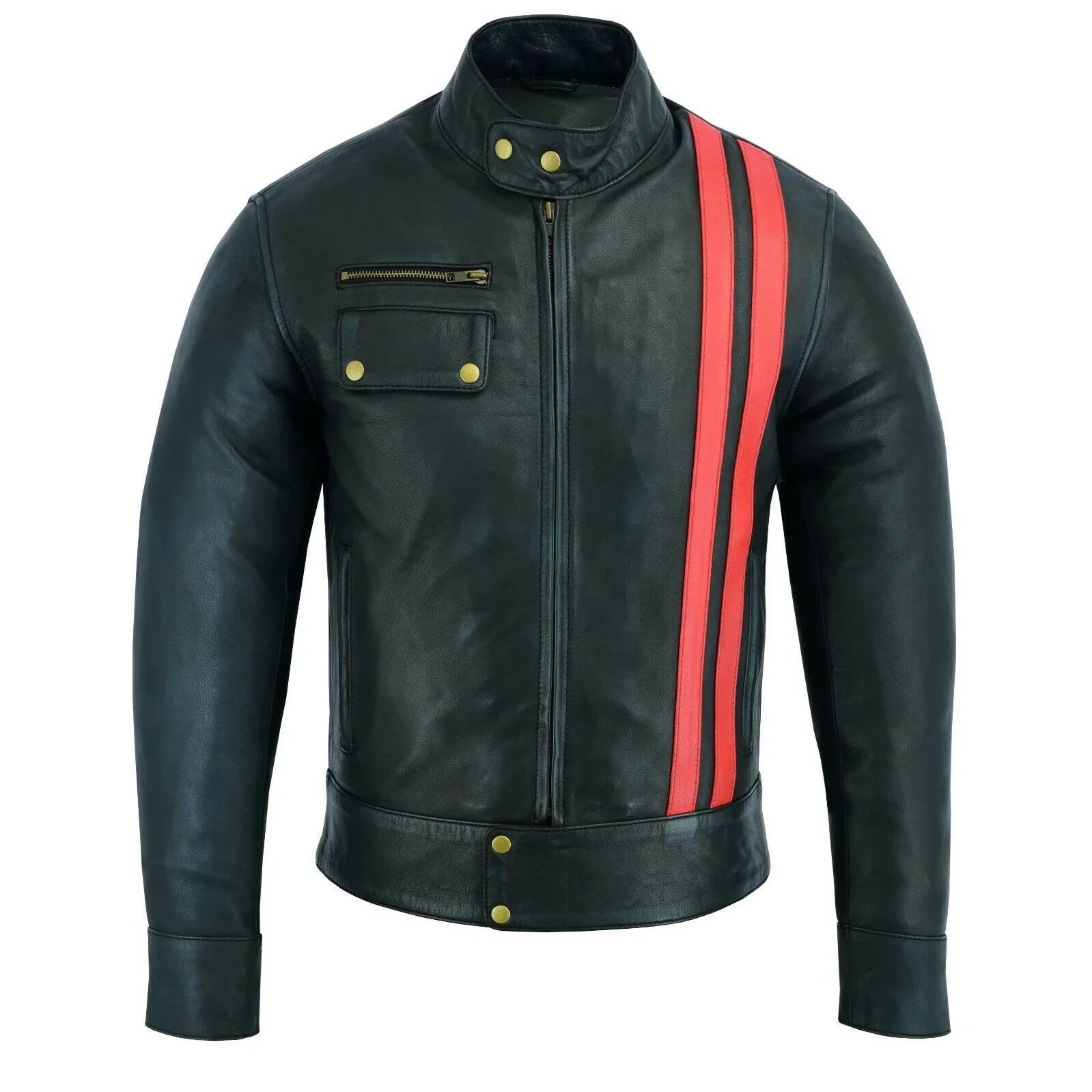 Black Smart Cafe Racer Retro Style Red Striped Biker Leather Jacket Mo ...
