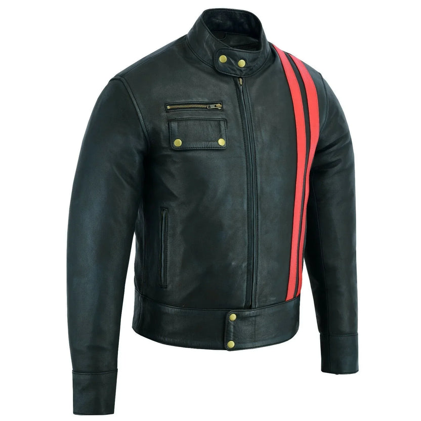 Black Smart Cafe Racer Retro Style Red Striped Biker Leather Jacket Mo ...
