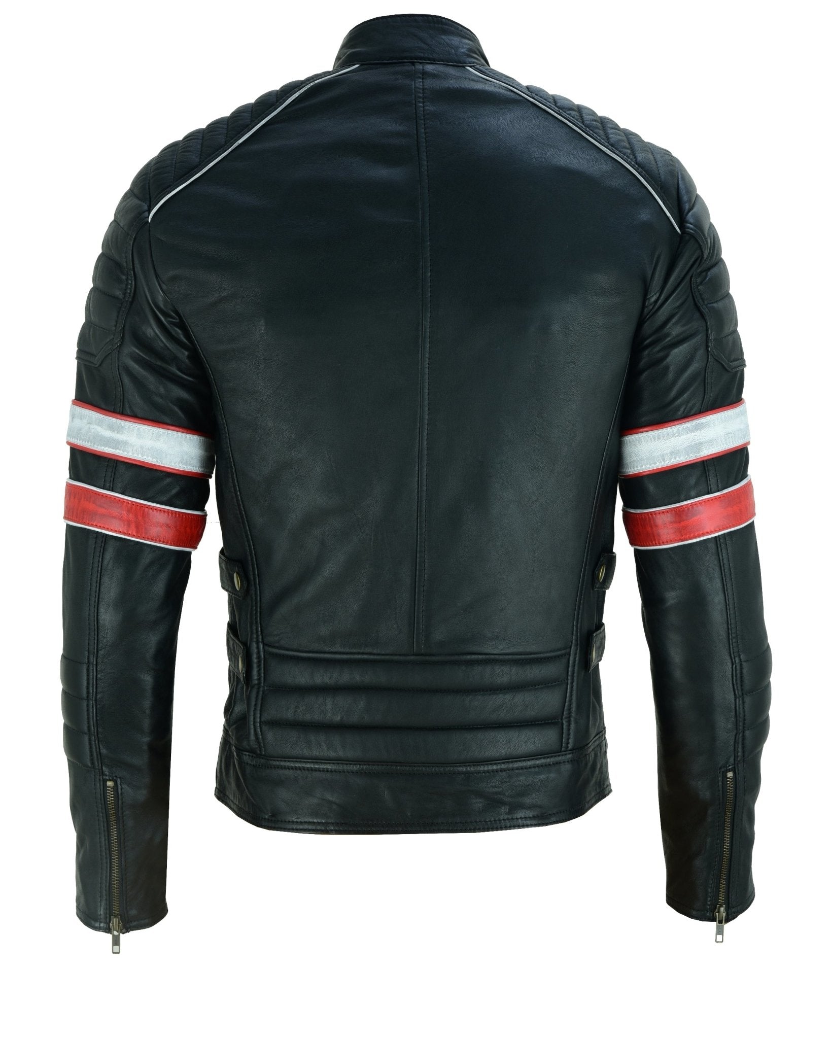 Cafe Racer Striped Black Leather Jacket Motorcycle Red & White Stripes ...