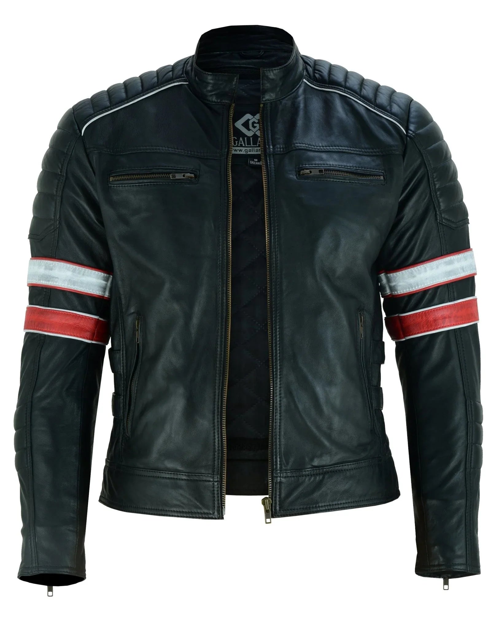 Cafe Racer Striped Black Leather Jacket Motorcycle Red & White Stripes ...