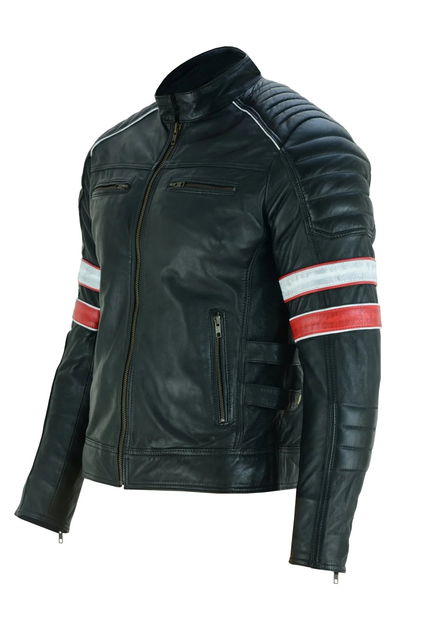 Cafe Racer Striped Black Leather Jacket Motorcycle Red & White Stripes ...