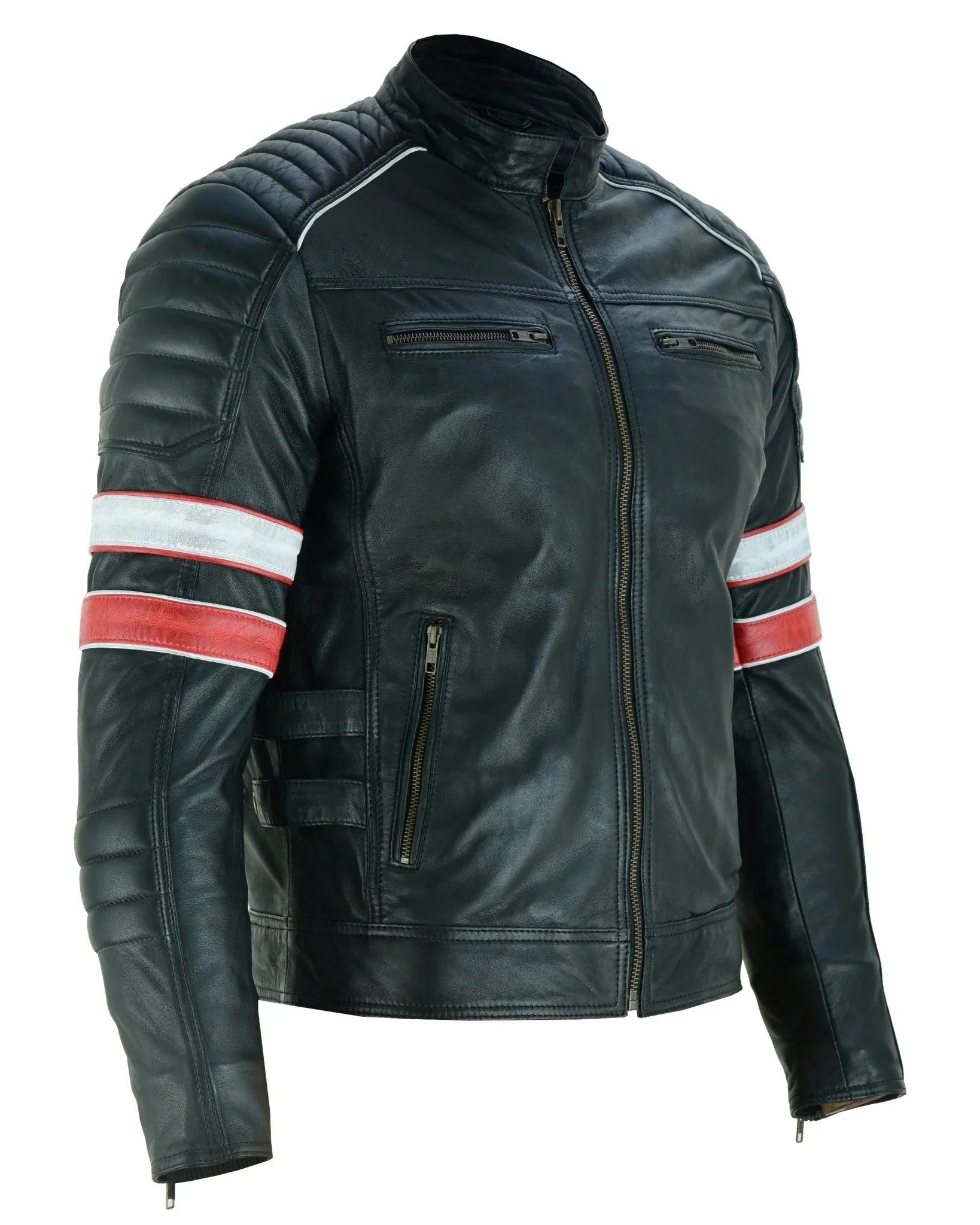 Cafe Racer Striped Black Leather Jacket Motorcycle Red & White Stripes ...