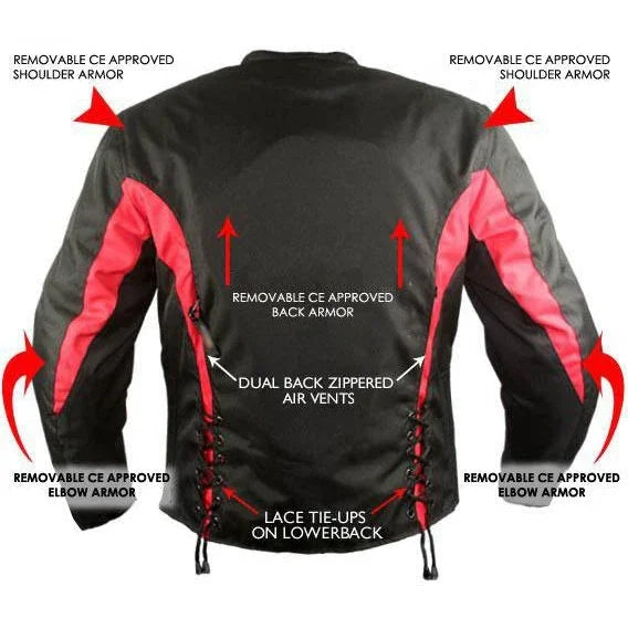 Ladies Black And Red Fabric Vented Motorcycle Jacket – Vintage Leather
