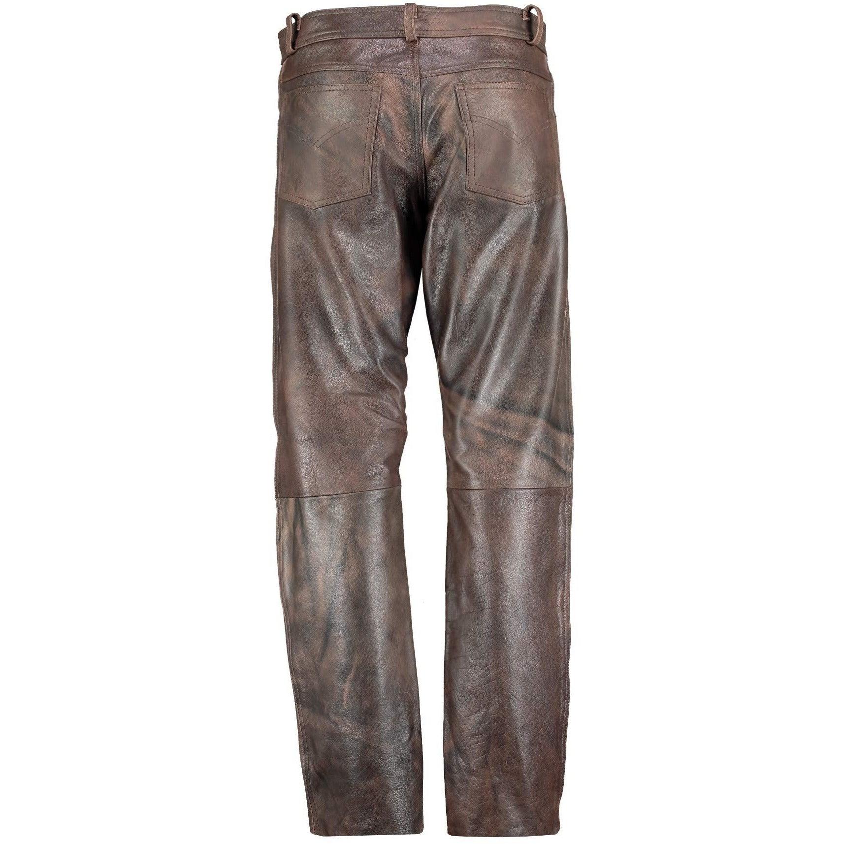 Men s Classic Brown Leather Biker Trousers Motorcycle Pants Vintage Leather