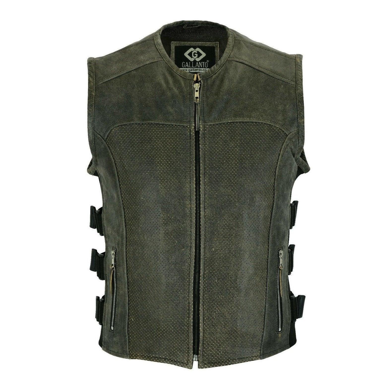 Premium Perforated Stonewash Distressed Leather Motorcycle Biker Vest ...